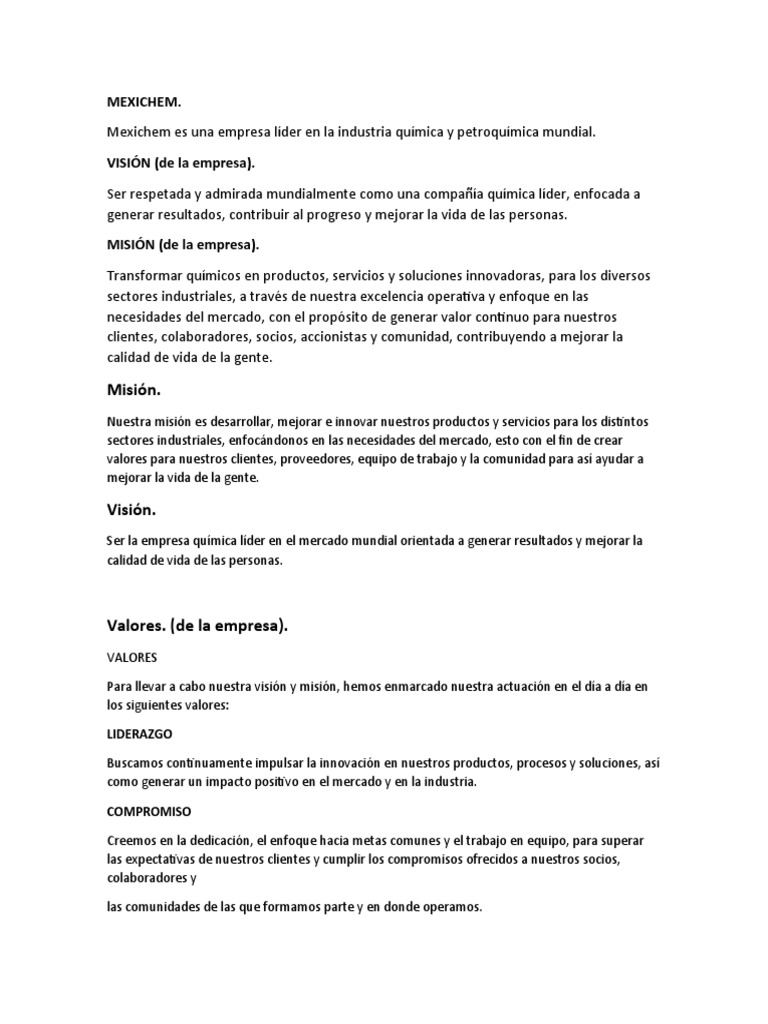 Mexichem: Misión, Visión y Valores Empresariales | PDF | Business ...