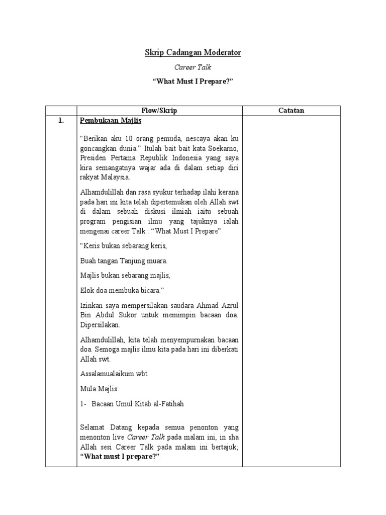 Skrip Moderator Career Talk | PDF