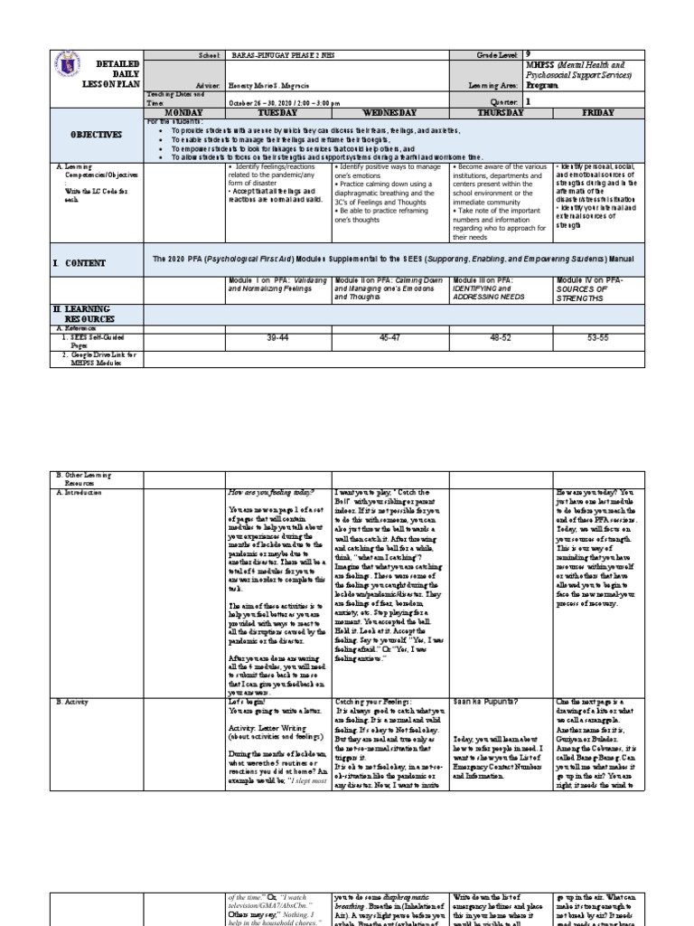 Detailed DLP For The Provision of The 2020 PFA Modules | PDF | Feeling | Thought