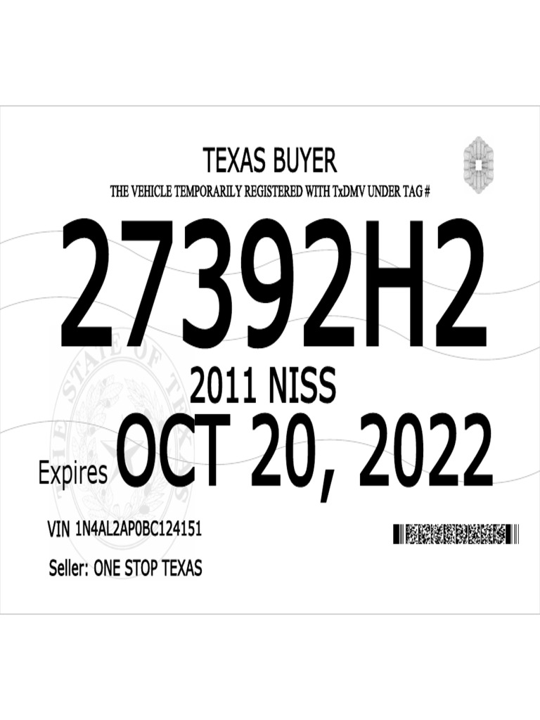 Texas Temporary Tag Receipt for 2011 Nissan Altima | PDF | Manufactured ...