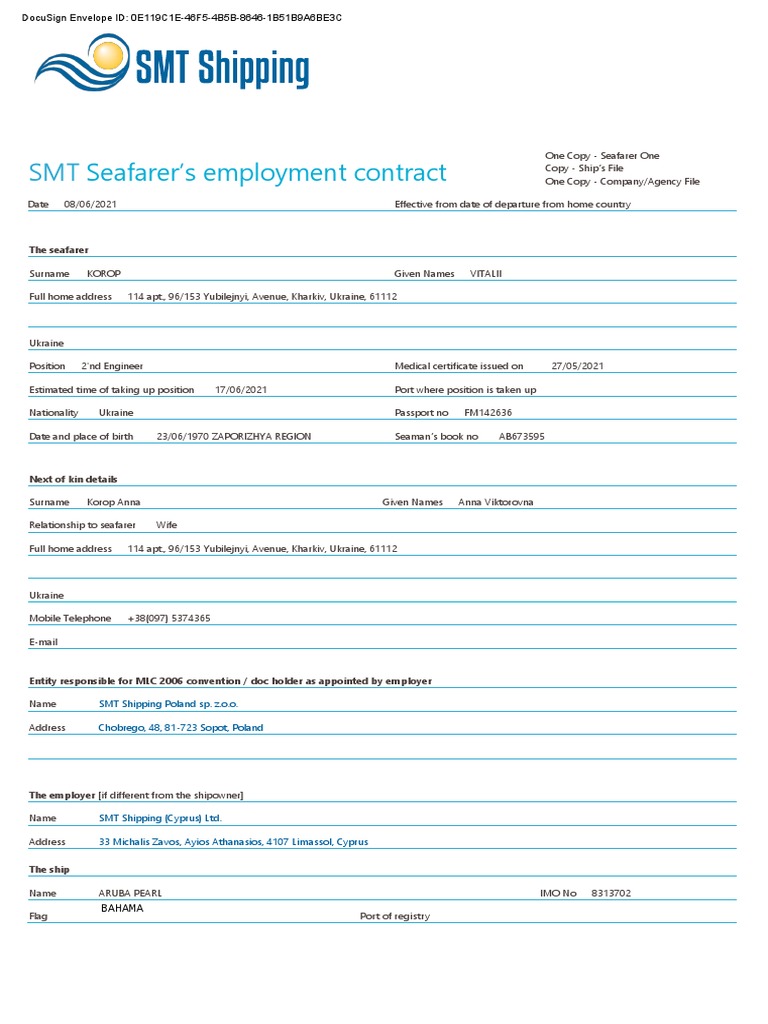 Seafarer's Contract Details | PDF | Arbitration | Employment
