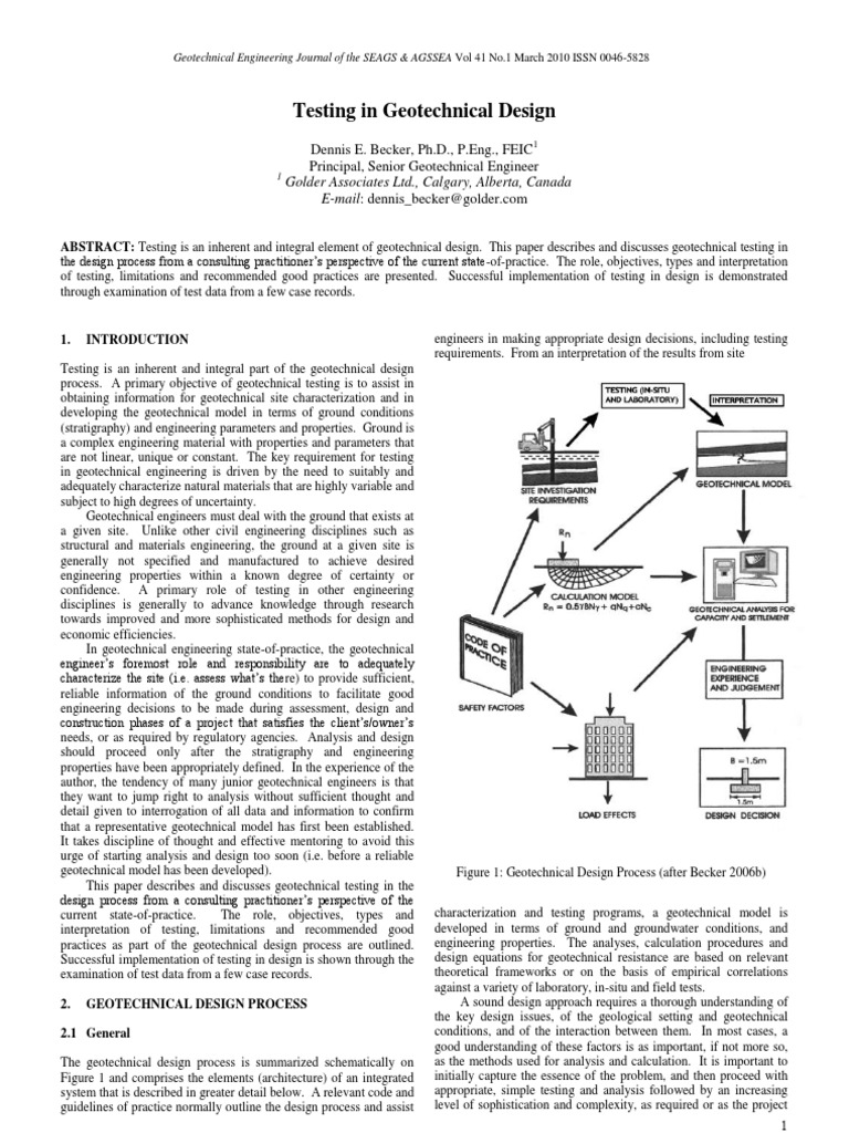 Dr Dennis E Becker Testing In Geotechnical Design Seags Agssea