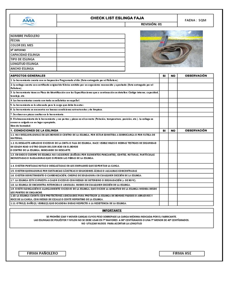 Check List Eslingas Fajas PDF | PDF | Materiales