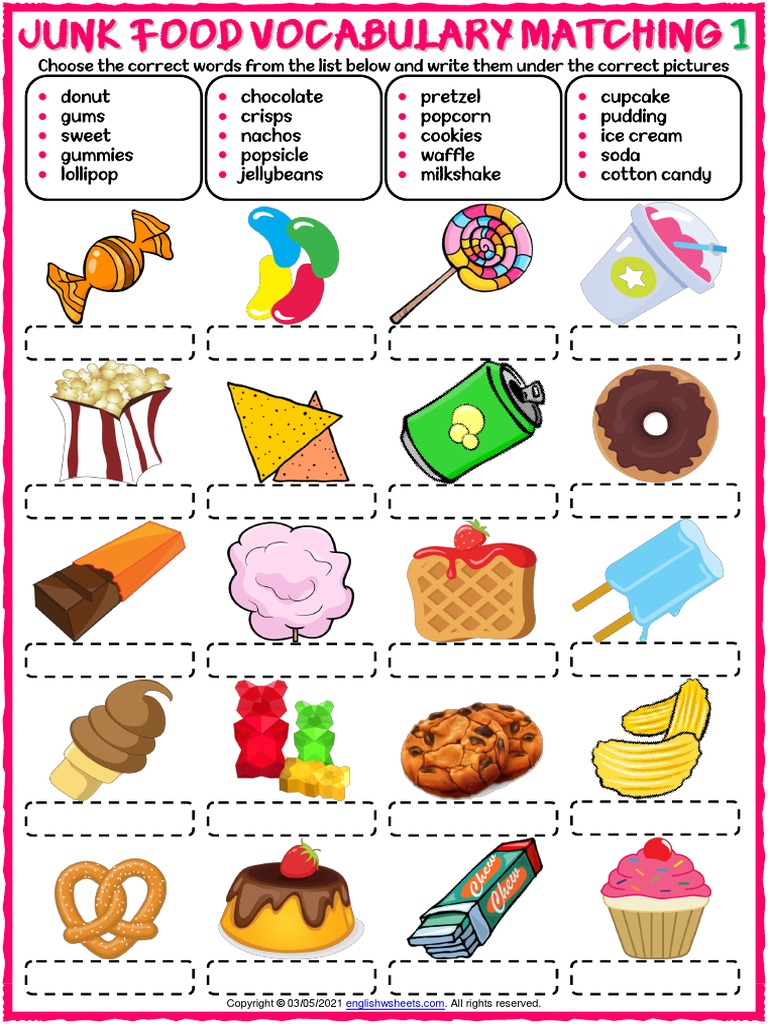 Junk Food Vocabulary Esl Matching Exercise Worksheets For Kids | PDF ...