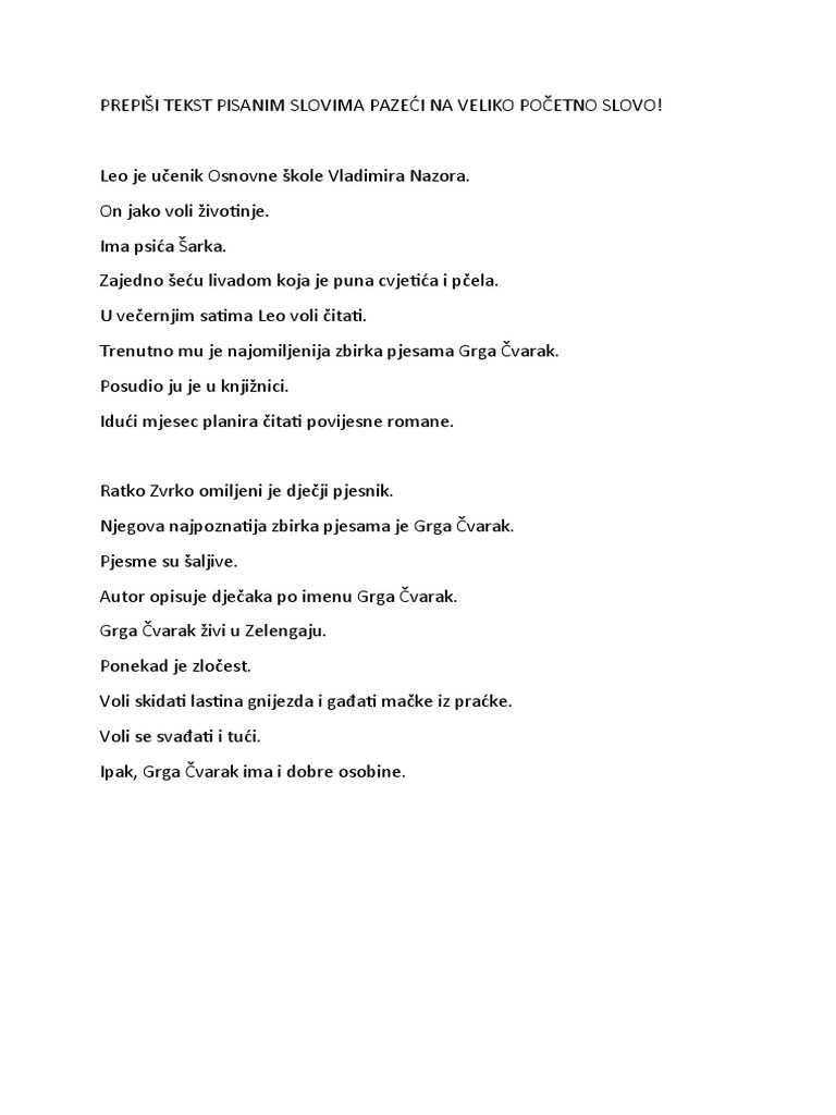 Prepiši Tekst Pisanim Slovima Pazeći Na Veliko Početno Slovo | PDF