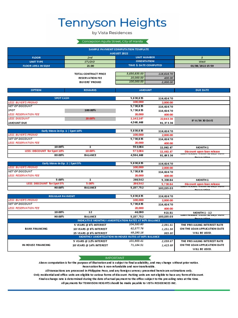 Sample Payment Computation Template for Unit 5, 2nd Floor at Tennyson ...