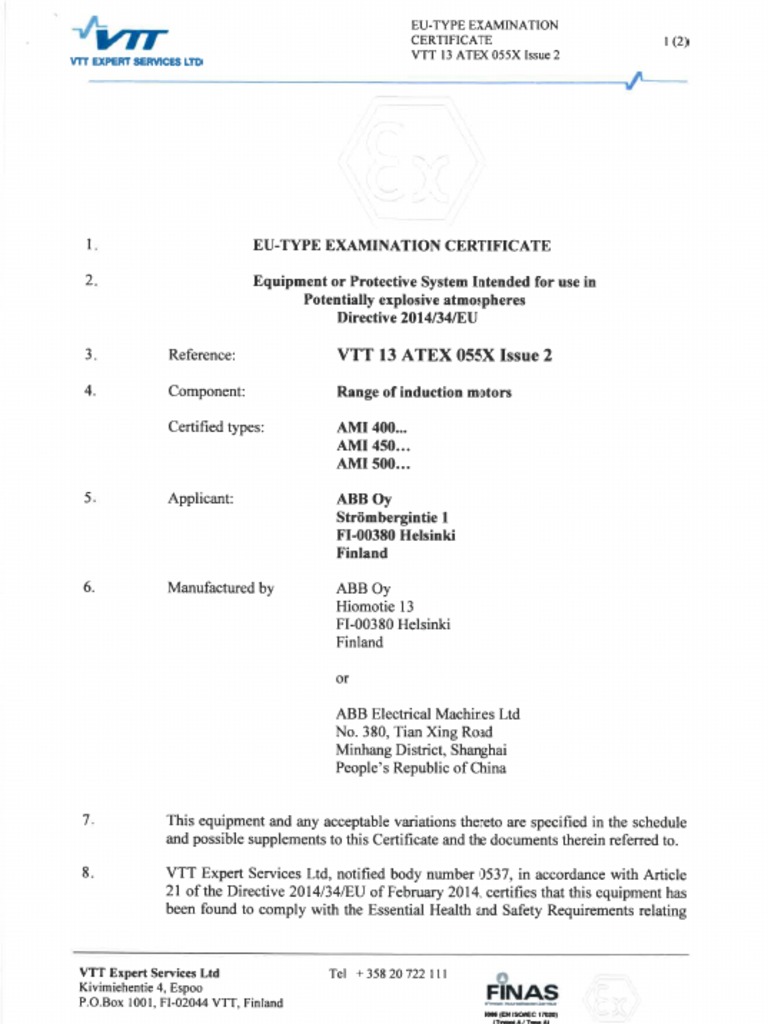 VTT 13 ATEX 055X - Issue 2 - Ex PX - AMI 400-500 | PDF