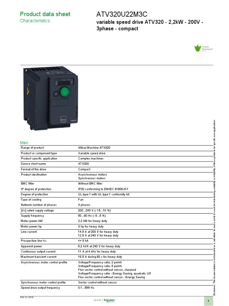 ATV320U22M3C Variable Speed Drive Data | PDF | Electric Motor | Power ...