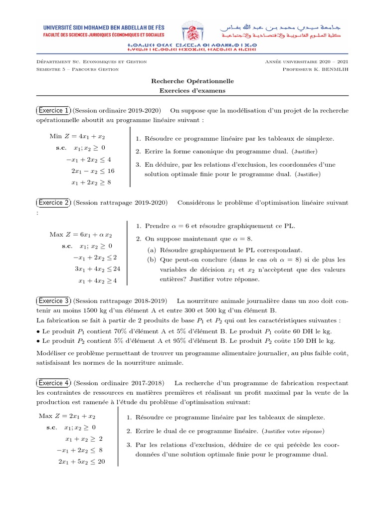 Exercices d'examens en recherche opérationnelle | PDF | Optimisation linéaire | Optimisation ...