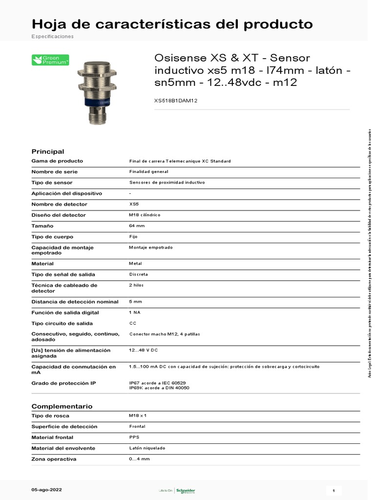 Sensor Inductivo XS5: Especificaciones | PDF | Ingenieria Eléctrica | Electrónica