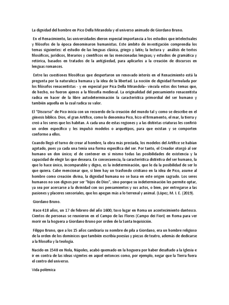 La Dignidad Del Hombre en Pico Della Mirandola y El Universo Animado de ...