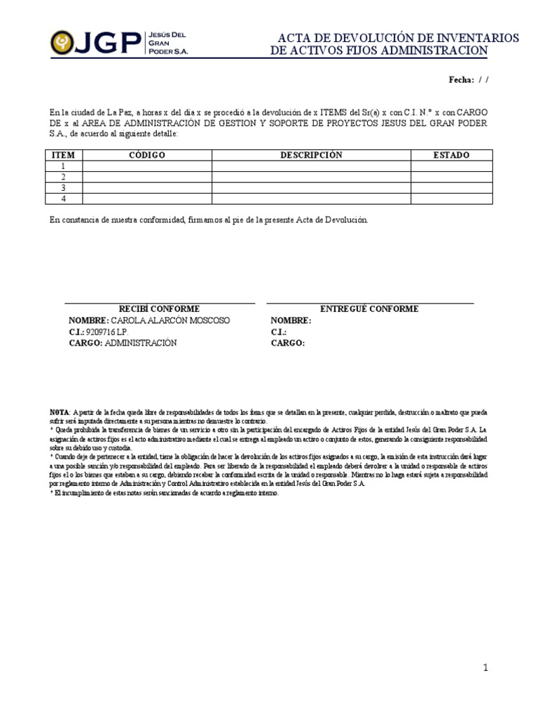Acta de Devolucion de Activos Fijos | PDF