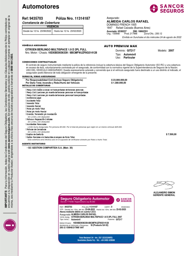 Constancia de Cobertura Automotor 27-08-2022 20 - 25 | PDF | Póliza de ...
