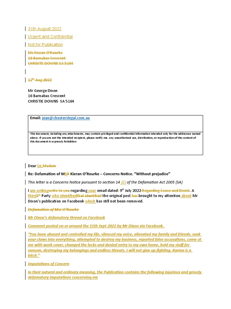 Defamation Concerns Notice for Kieran O’Rourke | PDF | Defamation ...
