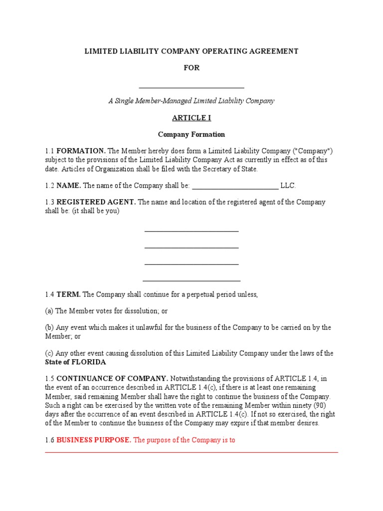Florida Limited Liability Company Operating Agreement | PDF | Limited ...