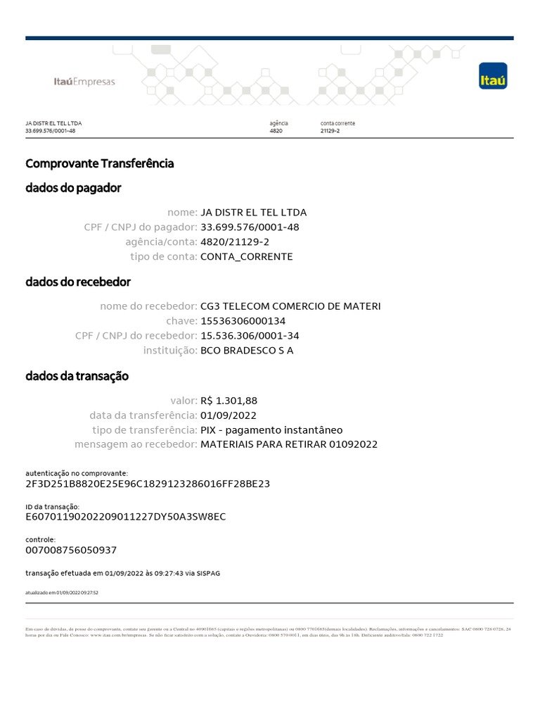 Comprovante de Pagamento Via Pix Bradesco - Pago - 1.301,88 | PDF