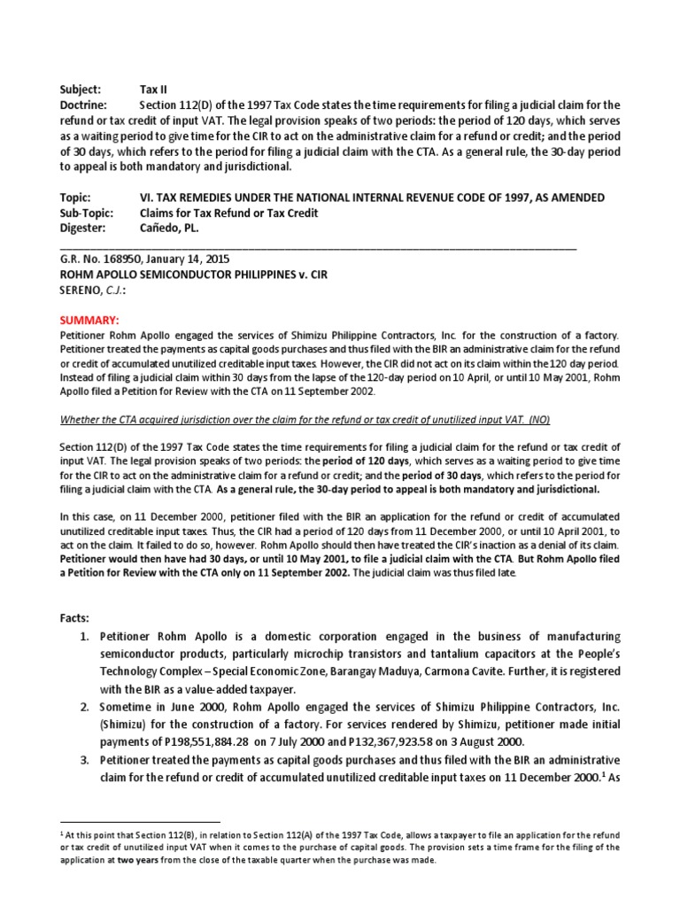 ROHM Apollo Semiconductor Philippines vs. CIR | PDF | Tax Refund | Value Added Tax