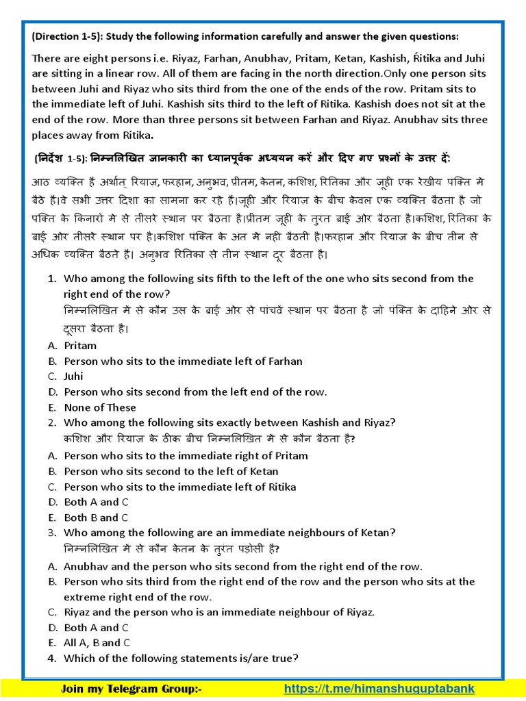 Linear Seating Arrangements Single Variable For SBI PO | PDF | Leisure ...