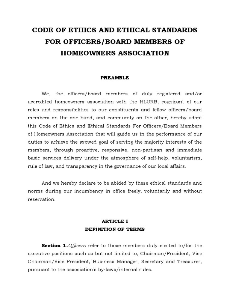 CODE OF ETHICS AND ETHICAL STANDARDS FOR OFFICERS-sample | PDF ...
