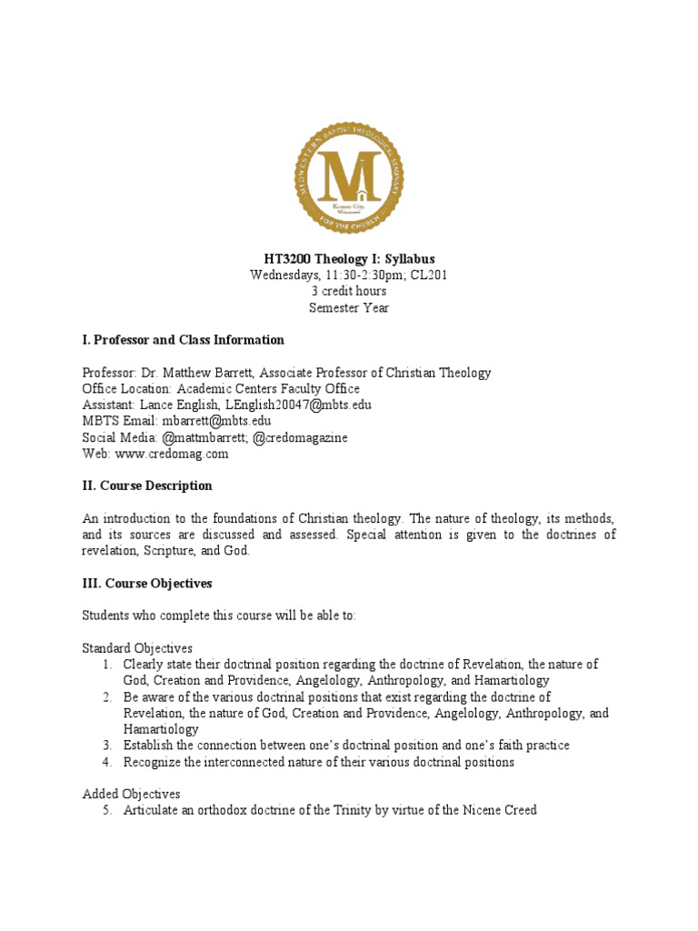 Syllabus - HT 3200 Theology I - Barrett - 2073465587 | PDF | Theology ...