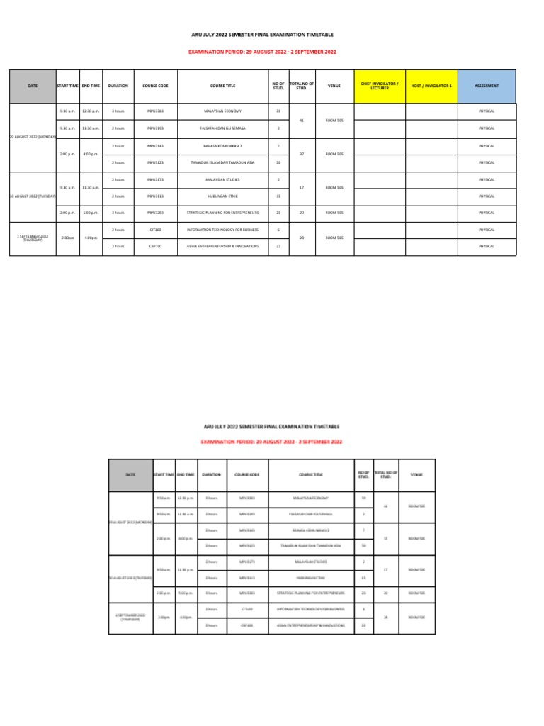 Final Exam Timetable ARU July 2022 Semester | PDF | Educational Institutions | Qualifications