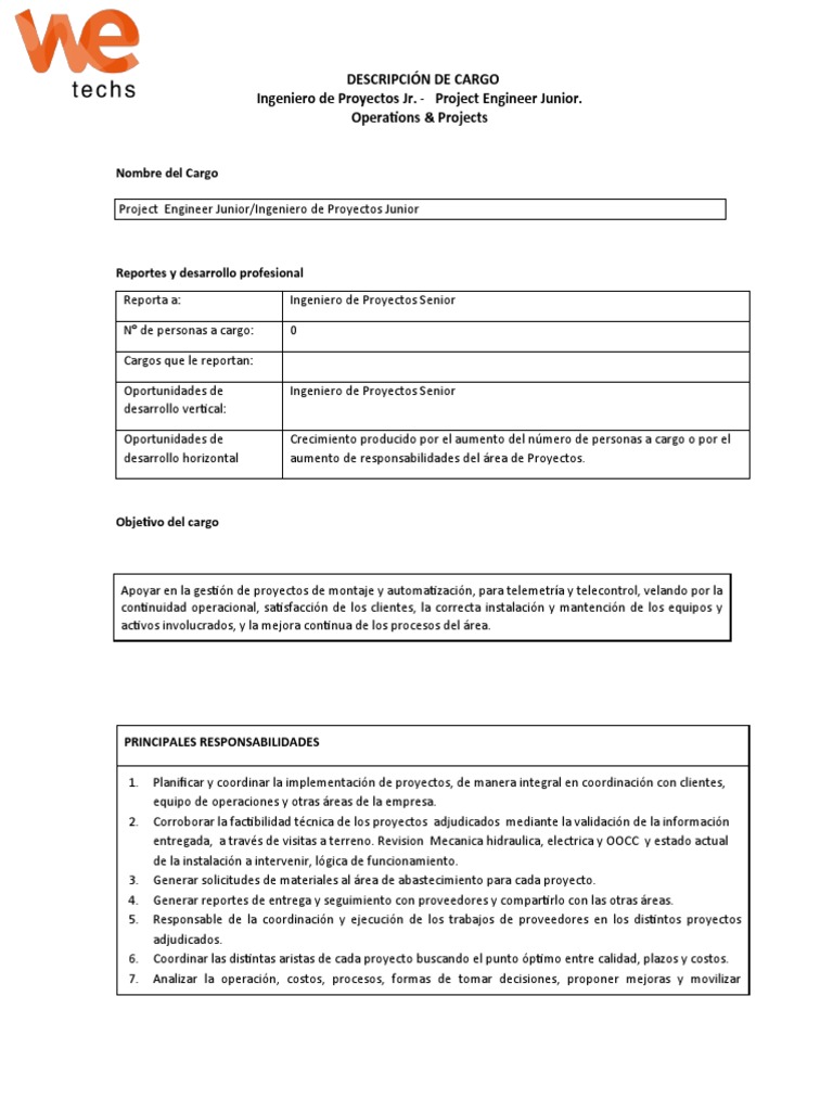 Descripción de Cargo - Ingeniero de Proyectos Jr. | PDF | Ingeniería | Ingenieria Eléctrica