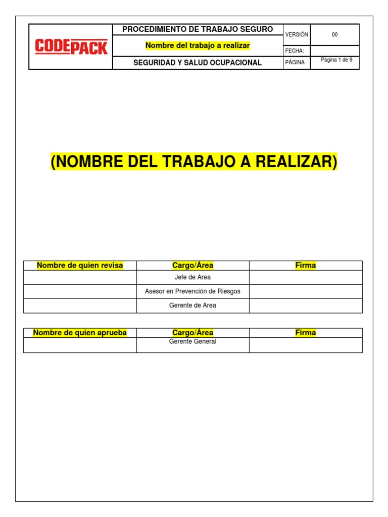 Formato - Procedimiento de Trabajo Seguro | PDF | Seguridad y salud ...