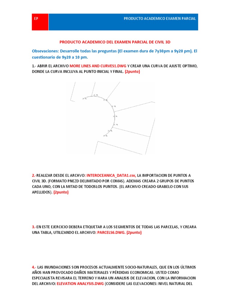Examen Parcial Civil 3D: Instrucciones y Tareas | PDF