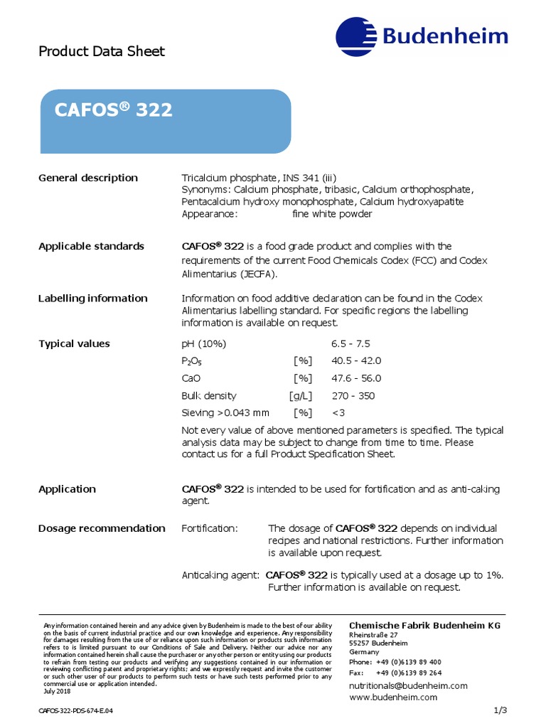 CAFOS 322 Fosfato Tricalcico | PDF | Food Energy | Diet (Nutrition)
