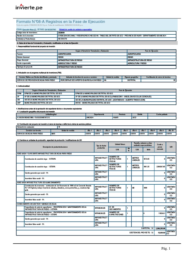 Formato 8a - Ichiccocha | PDF | Riego | Creación de capacidad