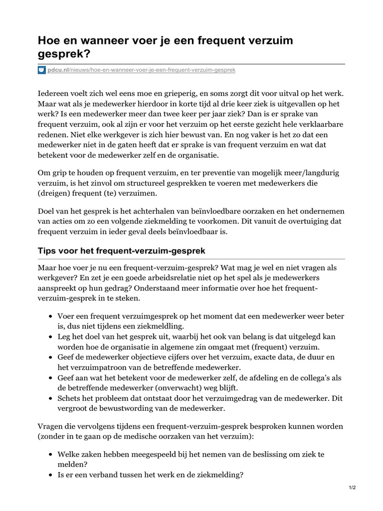 Hoe en Wanneer Voer Je Een Frequent Verzuim Gesprek | PDF