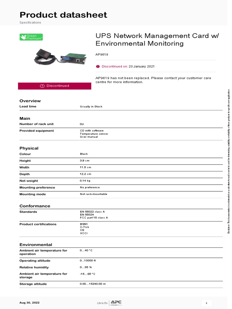 UPS Network Management Cards - AP9619 | PDF