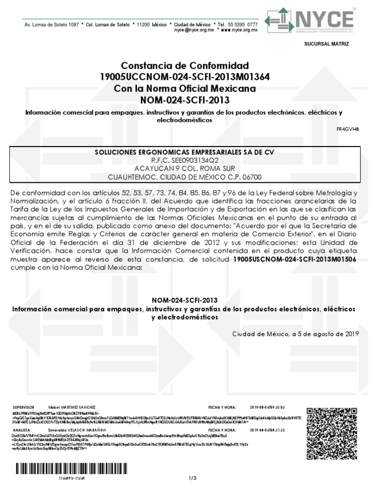 Constancia de Conformidad NOM-024-SCFI-2013 | PDF | Finanzas y dinero ...