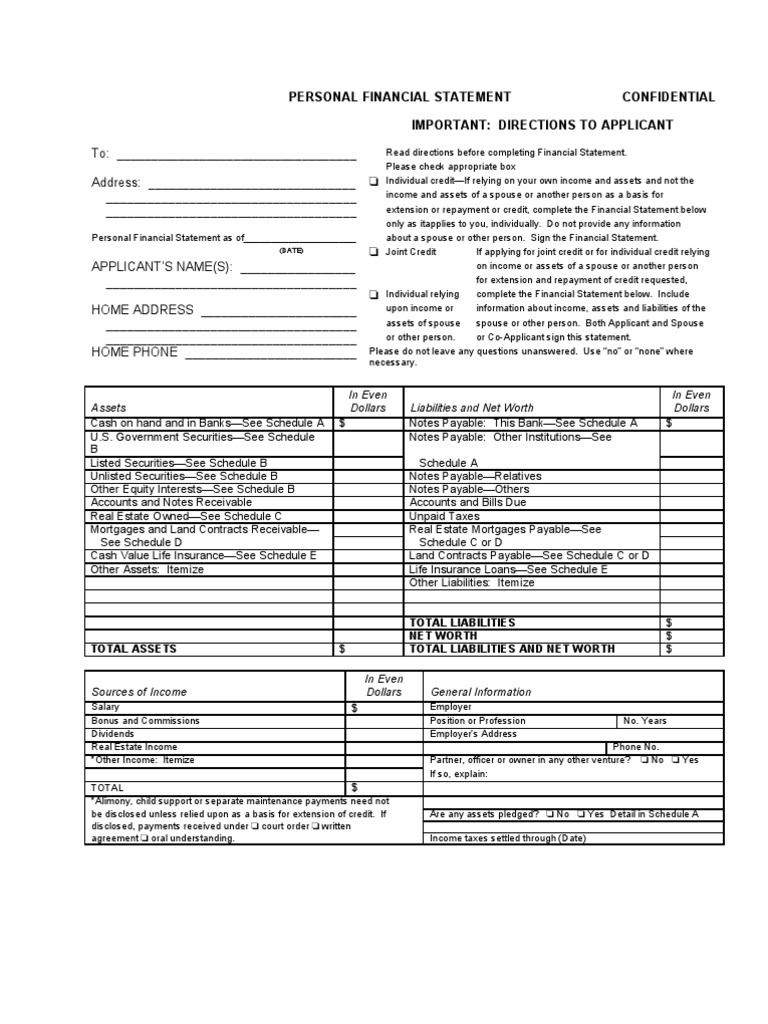 Personal Financial Statement | PDF | Credit (Finance) | Mortgage Loan