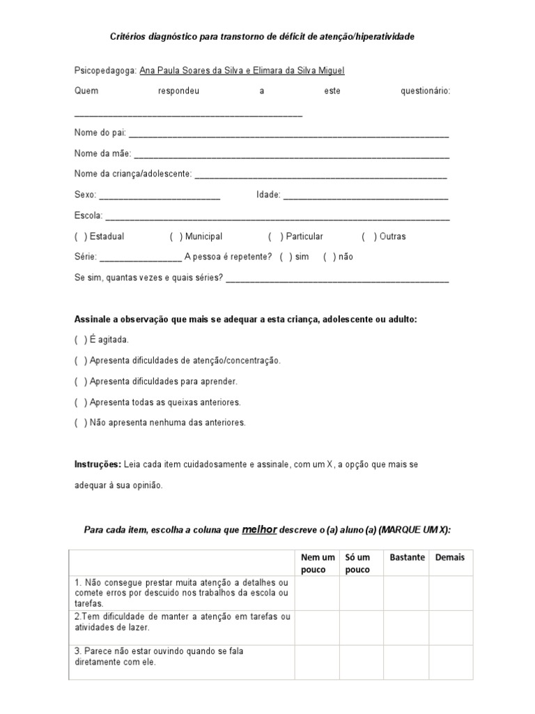 Questionário TDAH | PDF | Transtorno de déficit de atenção e hiperatividade