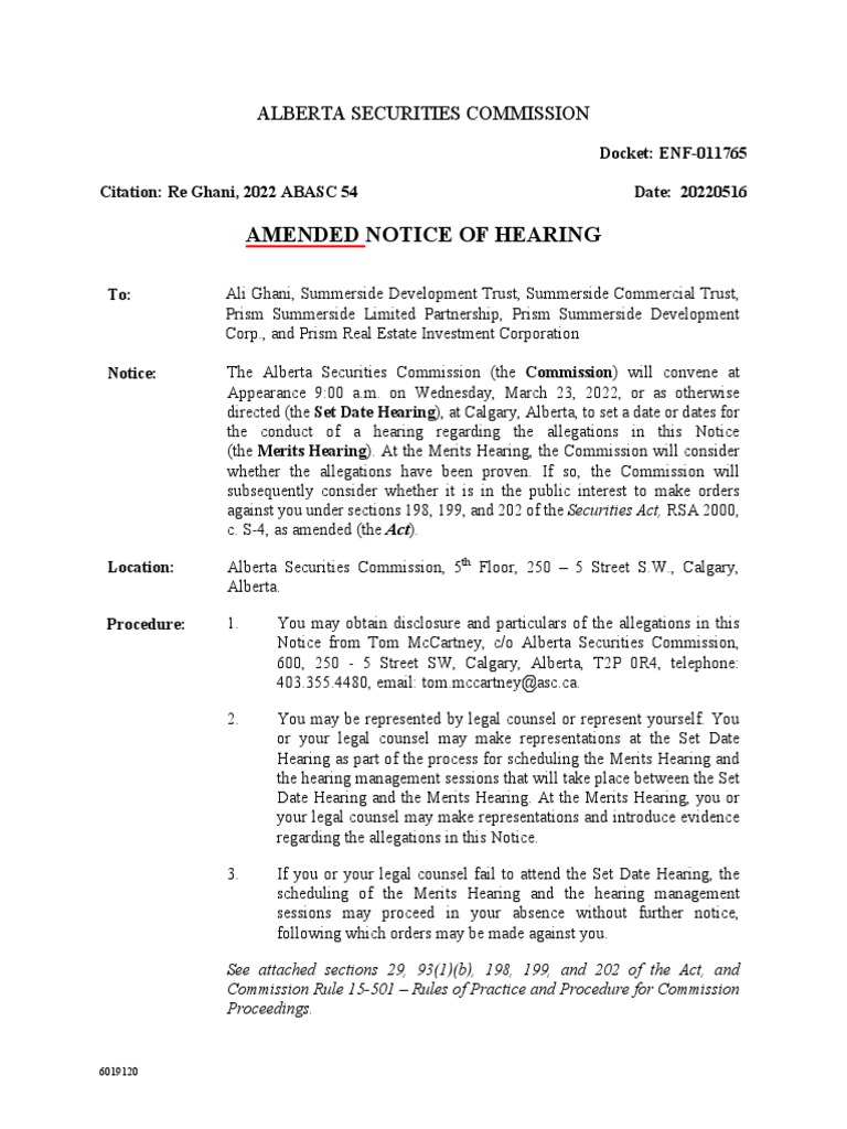 Ghani - ASC, Amended Notice of Hearing | PDF