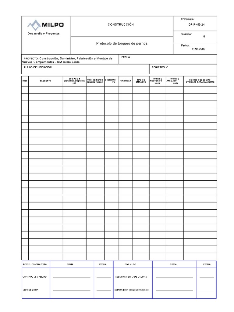 Registro de Torqueo de Pernos | PDF