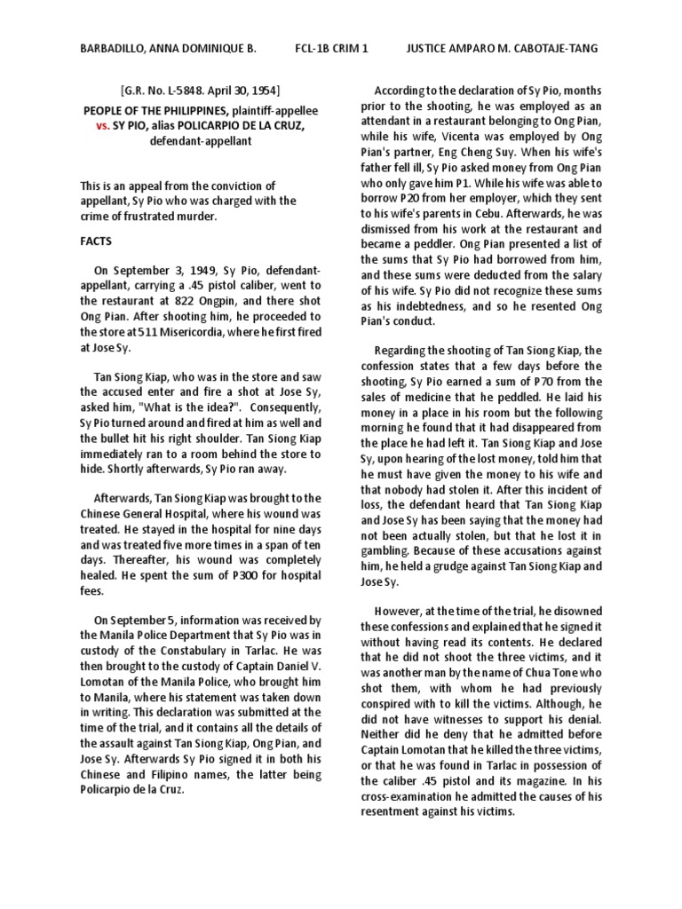 People v. Sy Pio, G.R. No. L-5848. April 30, 1954 | PDF | Murder ...