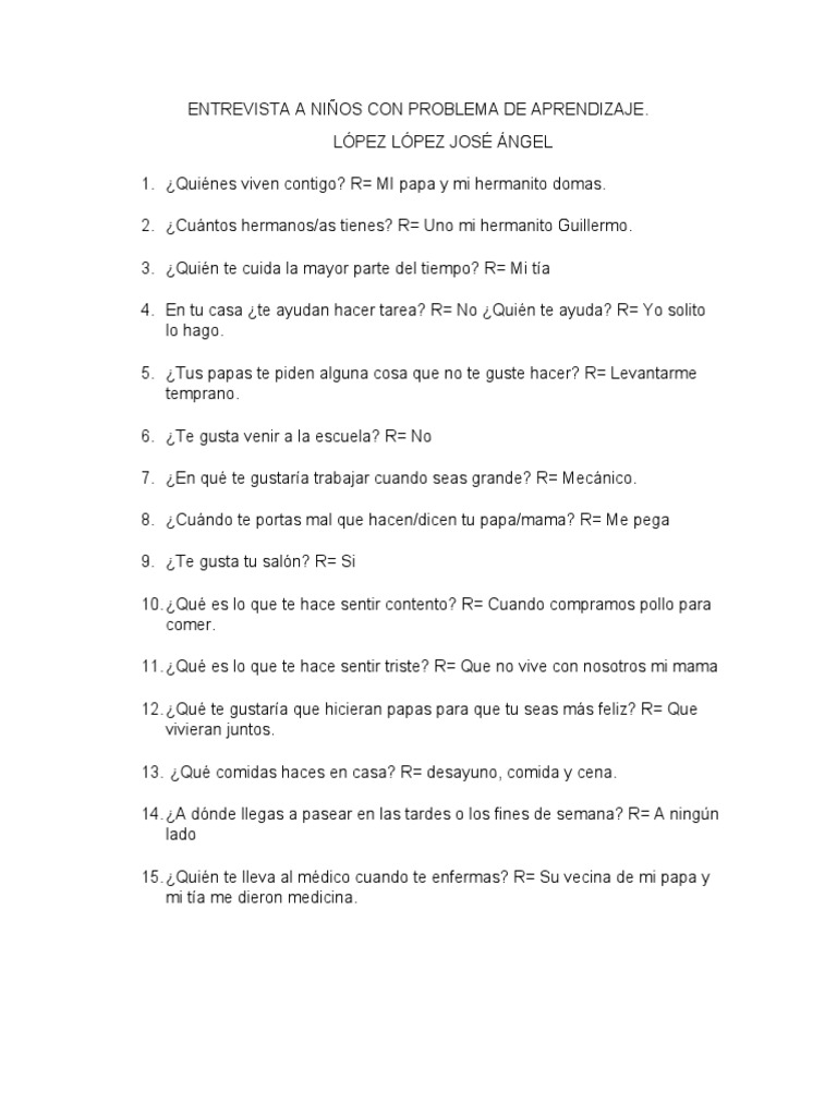Entrevista A Niños Con Problema de Aprendizaje | PDF | Educación primaria