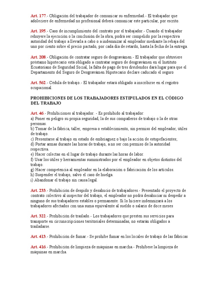 Art. 177 Art. 195: Prohibiciones de Los Trabajadores Estipulados en El Código Del Trabajo | PDF ...