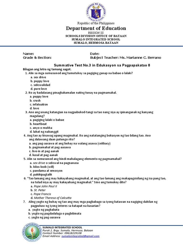 Summative Test No. 3 in Esp 8 | PDF
