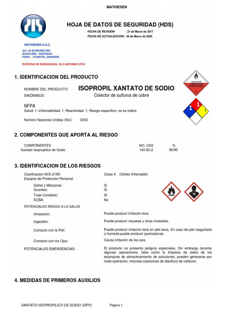 MSDS Xantato Isopropilico de Sodio (Sipx) | PDF | Agua | Respiración