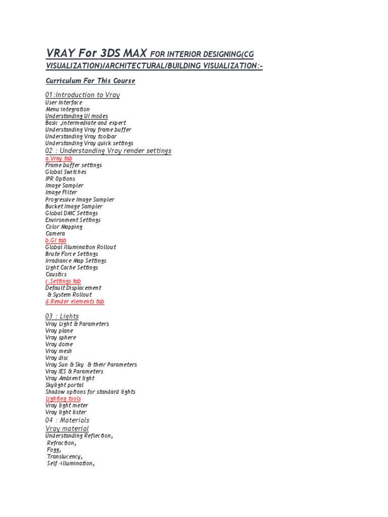 5.VRAY FOR 3DSMAX (Sample Syllabus) | PDF | Camera | Texture Mapping