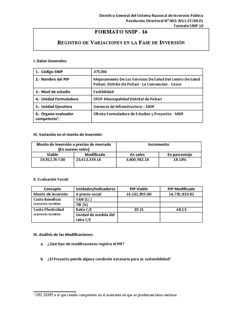 Formato Snip - 16 R V F I: OPI, DGPI o El Que Resulte Competente en El ...