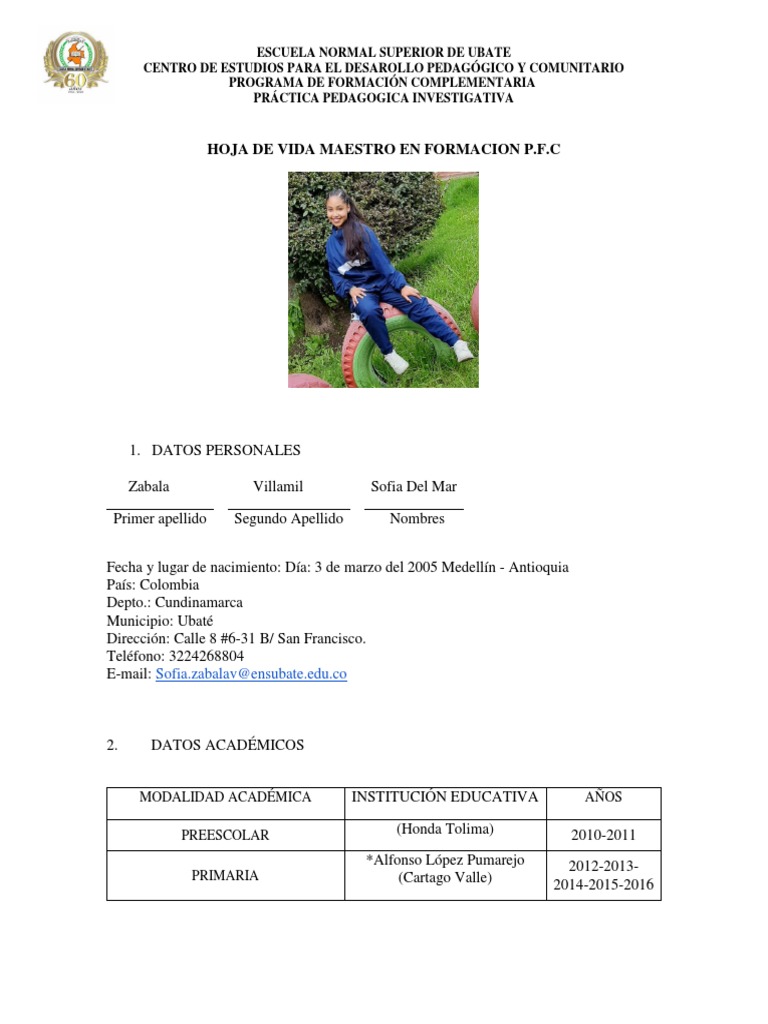 Hoja de Vida: Sofia Zabala Villamil | PDF | Educación de la primera infancia | Modificación de ...