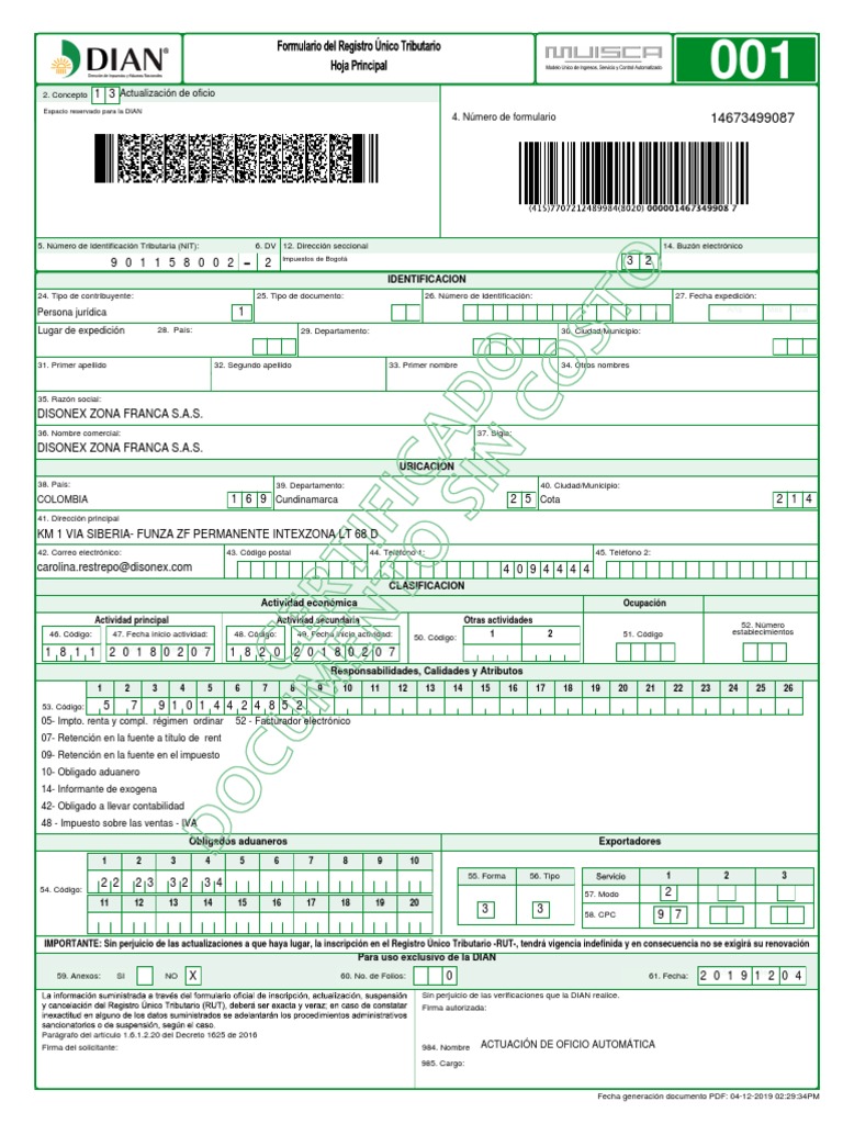 Rut Disonex Zona Franca | PDF | Economias