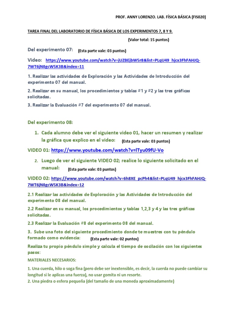 Tarea Final: Experimentos 7, 8 y 9 de Física | PDF | Péndulo | Física
