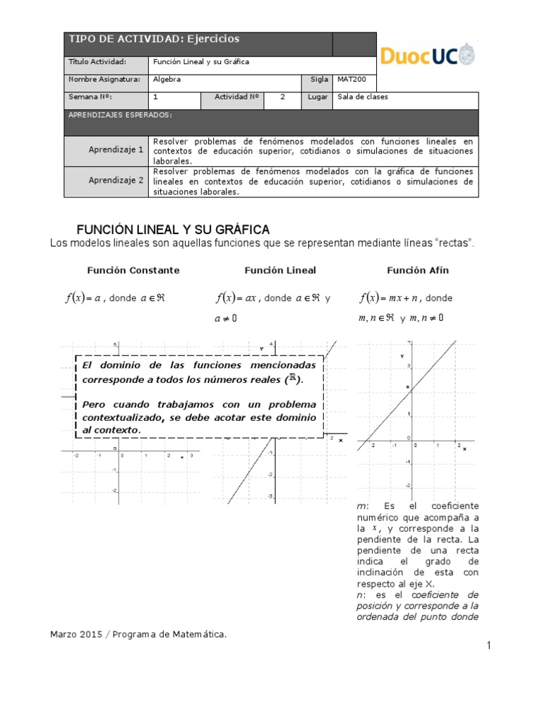 Mat200 Guia Ejercicios N°2 Funcion Lineal | PDF | Pendiente | Función (Matemáticas)