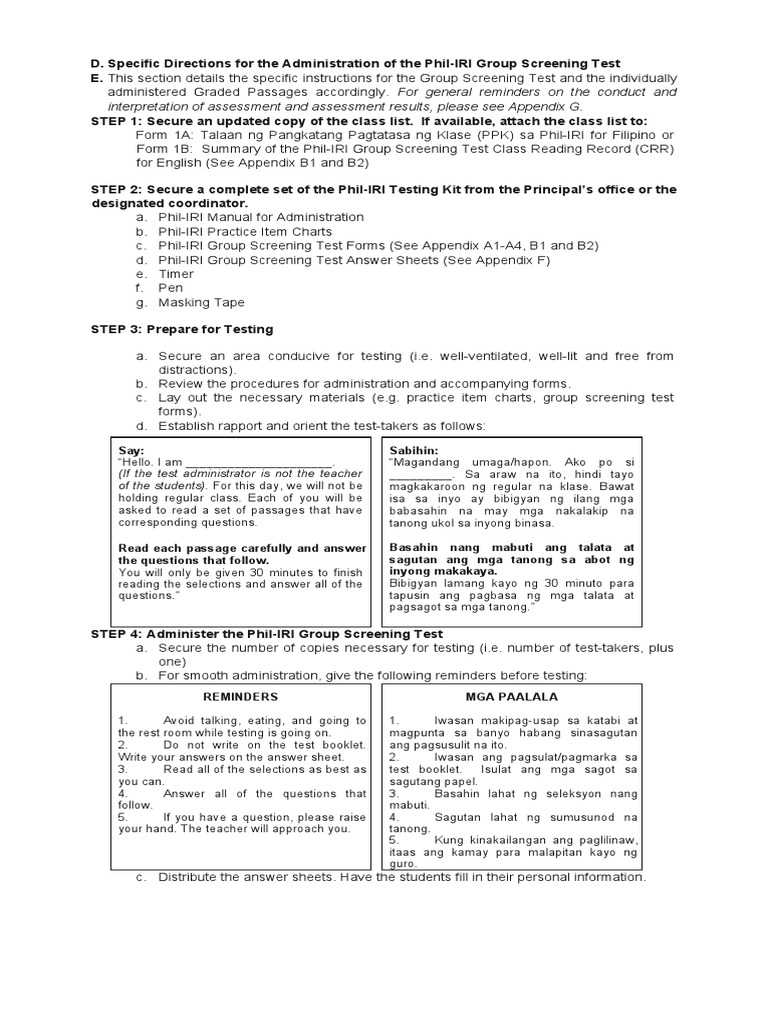 Phil-IRI Group Screening Test Guide | PDF | Reading Comprehension ...