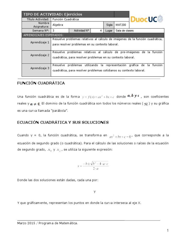 Mat200 Guia Ejercicios N°4 Funcion Cuadratica | PDF | Ecuaciones | Ecuación cuadrática